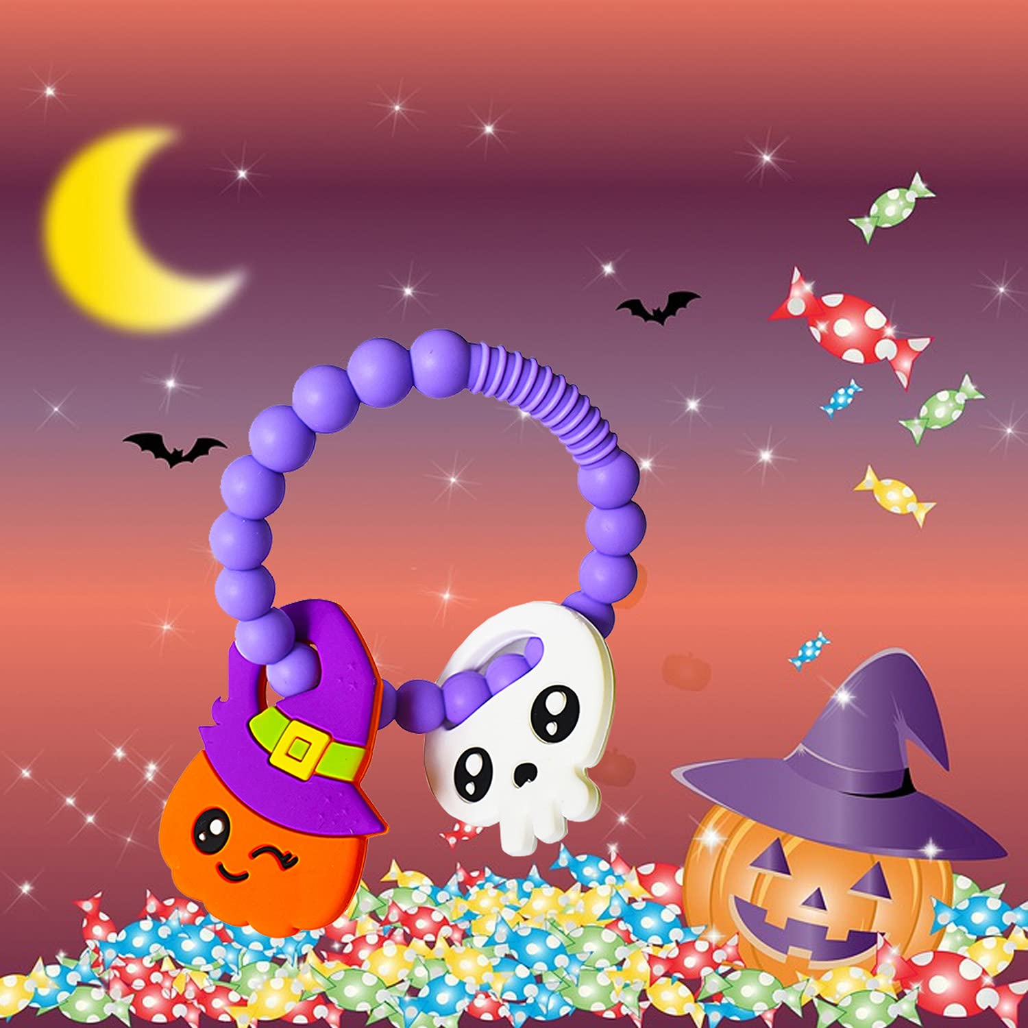 Nightmare Before Christmas Baby Toys Pumpkin Teether Baby Girl Or Boy Halloween Teether Perfect Chew Toy for Teething Babies Great Gift for Halloween with 1 Pc Mysterious Baby Teether Toy(2pc)