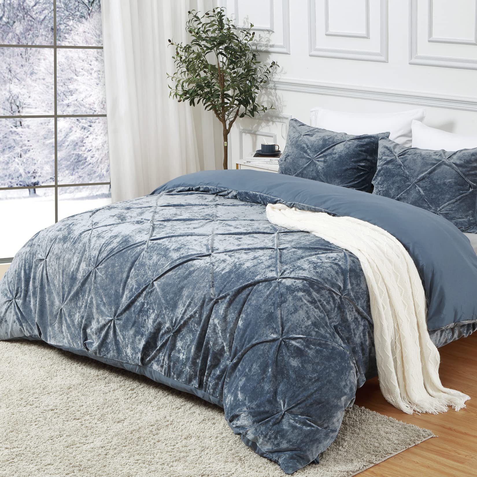 CAROMIO Velvet Duvet Cover Queen Size - Luxury Pinch Pleated Duvet Cover Bedding Set Soft Pintuck Velvet Comforter Cover Set with Corner Ties and Button Closure, Blue, 90"x90"