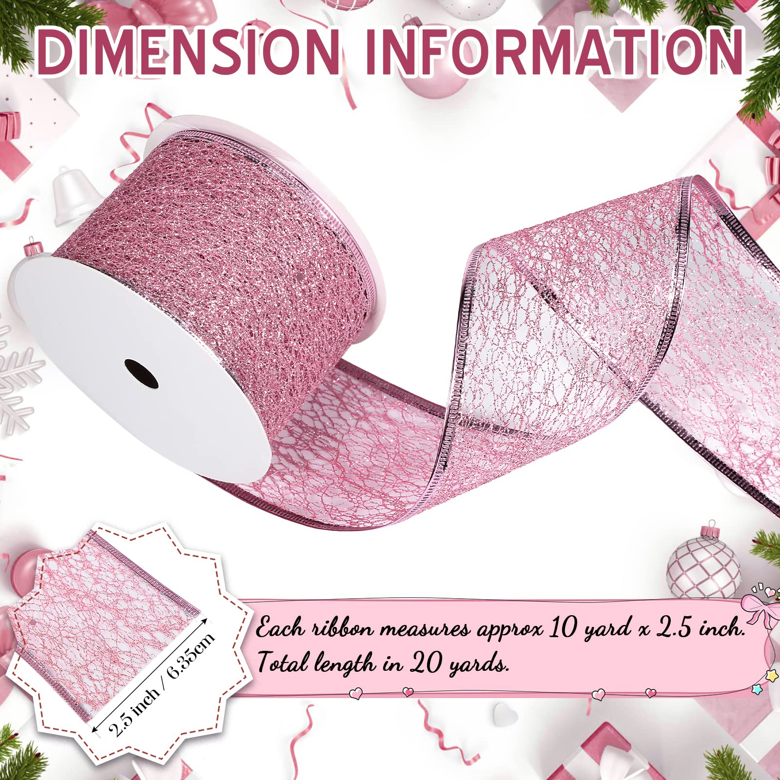 MTLEE 2 Rolls 20 Yards Valentine Ribbon Wired Pink Metallic Glitter Lace Ribbon for Xmas Crafts Floral Bow Making DIY Gift Wrapping Wedding Party Decor(2.5 Inch)