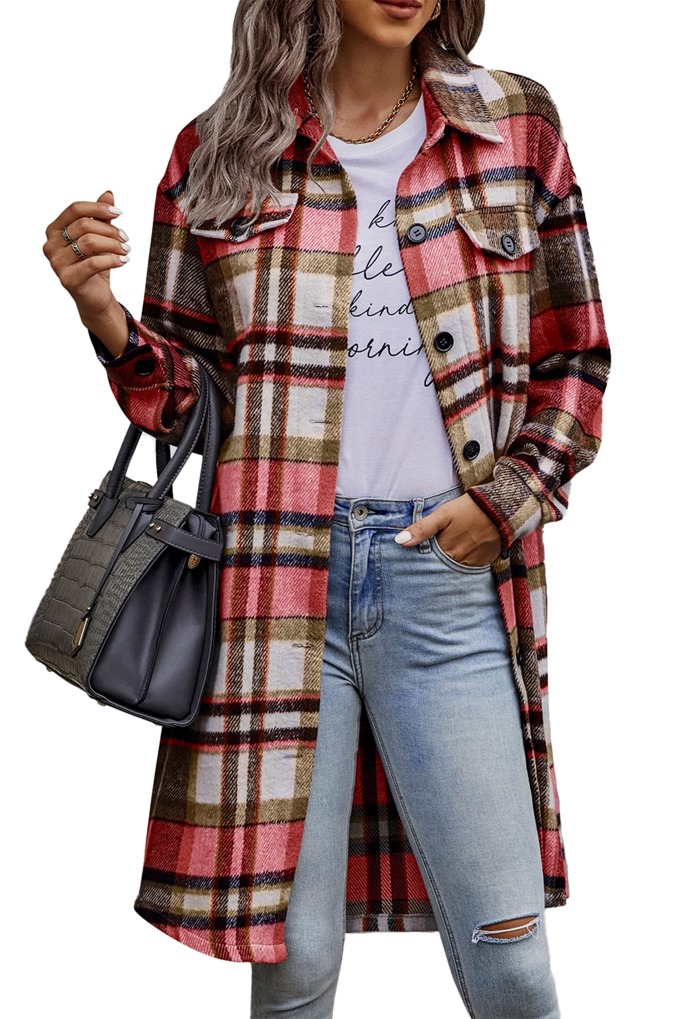 PRETTYGARDEN Women's Plaid Shacket 2025 Long Sleeve Button Up Flannel Shirt Winter Tartan Jacket Woolen Coats (Red,X-Large)