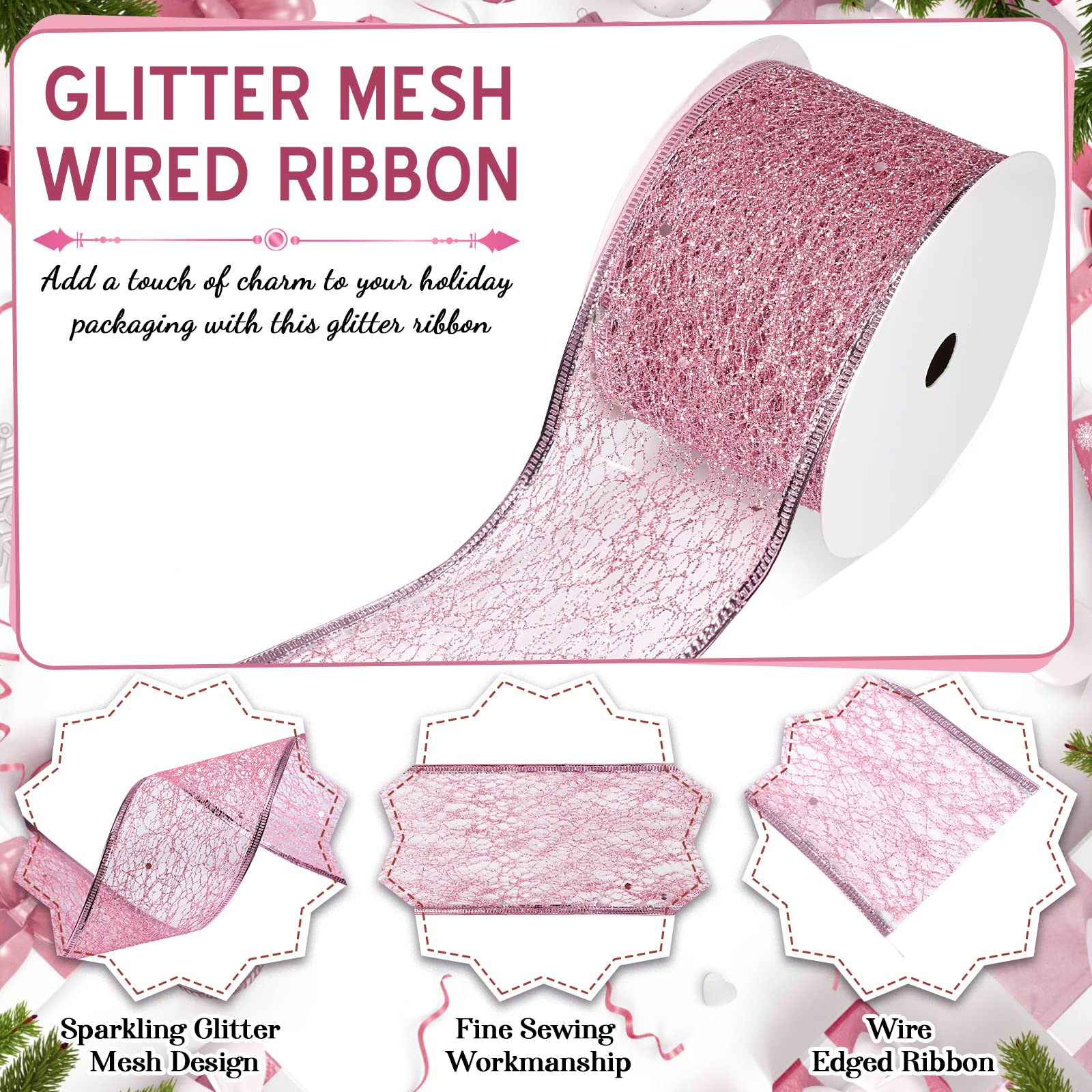 MTLEE 2 Rolls 20 Yards Valentine Ribbon Wired Pink Metallic Glitter Lace Ribbon for Xmas Crafts Floral Bow Making DIY Gift Wrapping Wedding Party Decor(2.5 Inch)