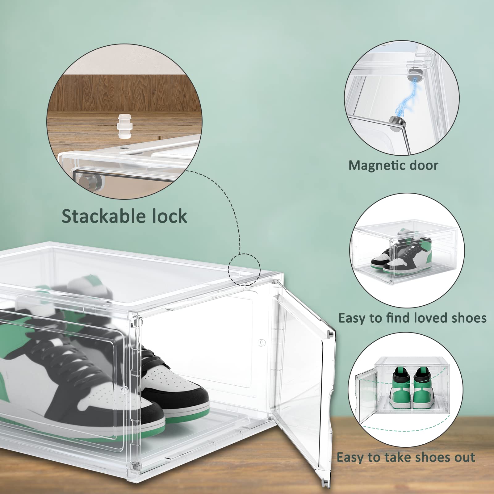 FUNLAX Shoe Storage Boxes, 6 Pack Stackable Shoe Organizer Box Clear Plastic Shoe Boxes with Magnetic Side Door up to US Size 13 Space-saving Shoe Container for closet