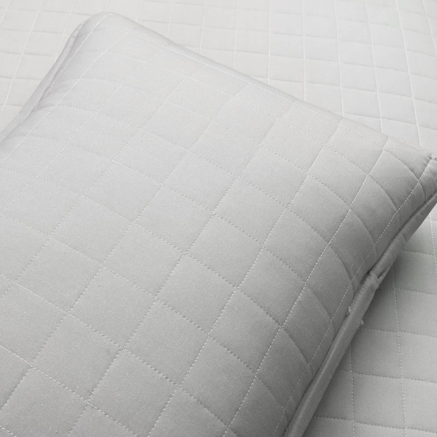Lush Decor Farmhouse Box Stitch and Stripe Oversized Reversible Cotton 3 Piece Quilt Set, Full/Queen, Gray