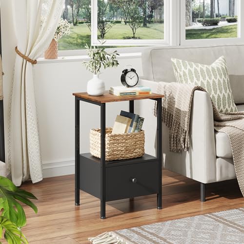 WLIVE Nightstand, Bedside Table with Adjustable Wooden Drawer, 2-Tier Night Stands for Couch, Bed, Sofa, End Table Side Table for Bedroom, Living Room, Black (1 Pack)