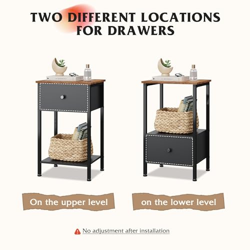 WLIVE Nightstand, Bedside Table with Adjustable Wooden Drawer, 2-Tier Night Stands for Couch, Bed, Sofa, End Table Side Table for Bedroom, Living Room, Black (1 Pack)