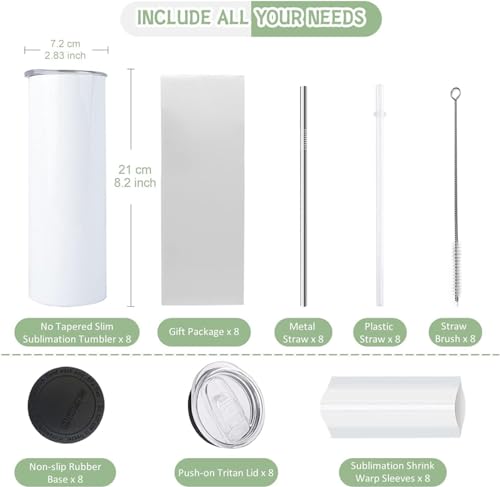 Kocdam 8 Pack Sublimation Blanks, 20oz Sublimation Tumblers Skinny Straight with Lids and Straws Bulk, Stainless Steel Double Wall Polymer Coating for Heat Transfer Customized Gifts