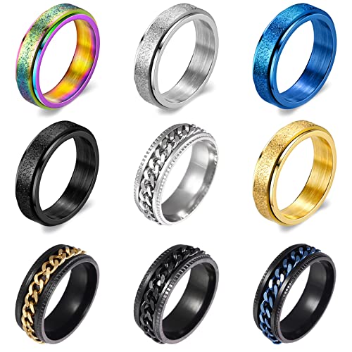 Supra Diamanto 9pcs Spinner Rings for Women Anxiety Relief -Size 7-12 Fidget Rings, Sand Blasted Finished Band Set, Anxiety Ring Spinner Fidget Band Chain Rings for Women Men (A 9, 8)