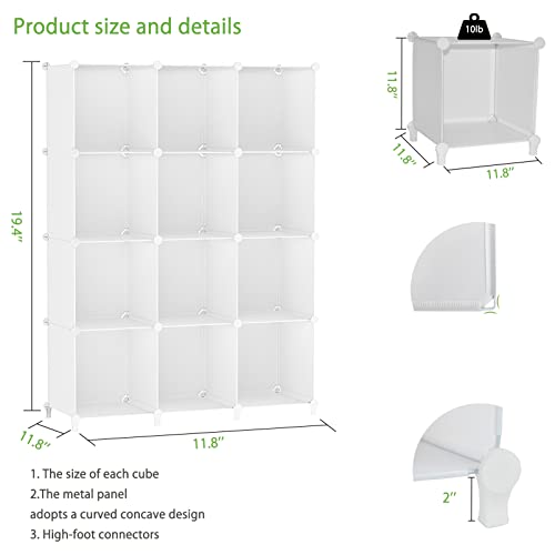 Wolizom Cube Storage Organizer, 12-Cube White Closet Storage Shelves, Modular Units, Closet Cabinet, Portable DIY Plastic Book Shelf Shelving for Bedroom, Office, Living Room