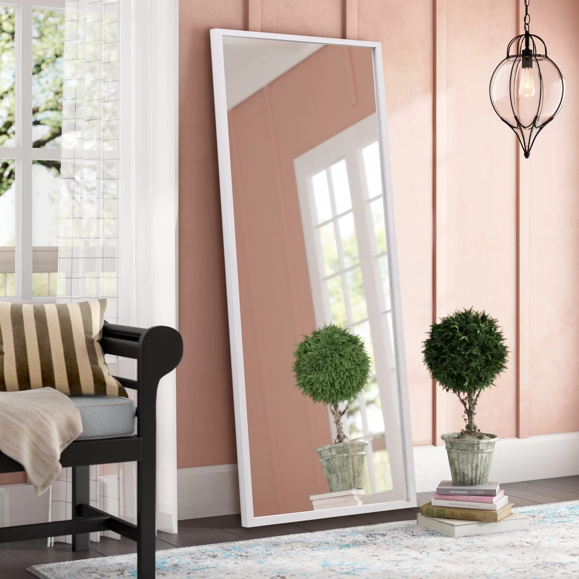 NeuType 59" X 16" Full Length Mirror MDF Frame Floor Mirror Wall Mirror Dressing Mirror Hanging or Leaning Against Wall Standing Mirror Bedroom Mirror Full Body Mirror White with Stand