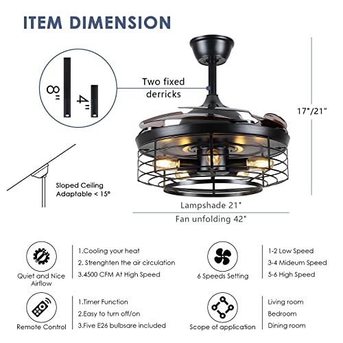 Asyko Retractable Ceiling Fans with Lights and Remote-Caged Farmhouse Ceiling Fan Lights Black, Rustic Industrial Ceiling Fan with Light for Patio Living Room Bedroom(42'' Bulb Included)