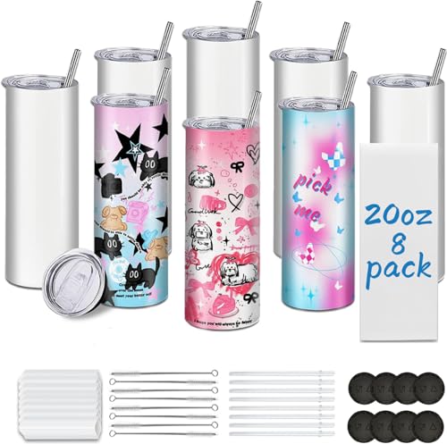 Kocdam 8 Pack Sublimation Blanks, 20oz Sublimation Tumblers Skinny Straight with Lids and Straws Bulk, Stainless Steel Double Wall Polymer Coating for Heat Transfer Customized Gifts