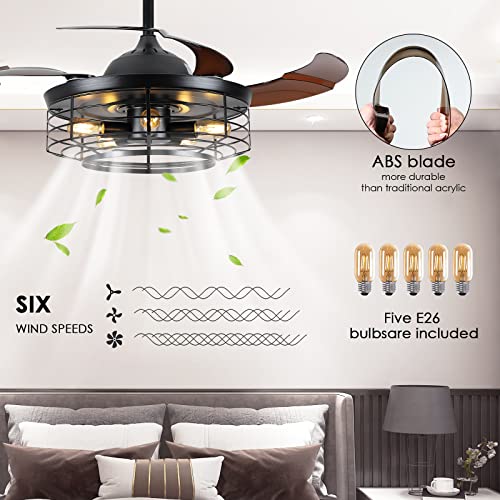 Asyko Retractable Ceiling Fans with Lights and Remote-Caged Farmhouse Ceiling Fan Lights Black, Rustic Industrial Ceiling Fan with Light for Patio Living Room Bedroom(42'' Bulb Included)