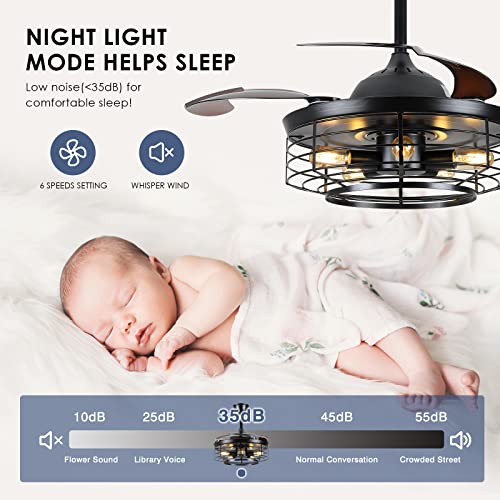 Asyko Retractable Ceiling Fans with Lights and Remote-Caged Farmhouse Ceiling Fan Lights Black, Rustic Industrial Ceiling Fan with Light for Patio Living Room Bedroom(42'' Bulb Included)
