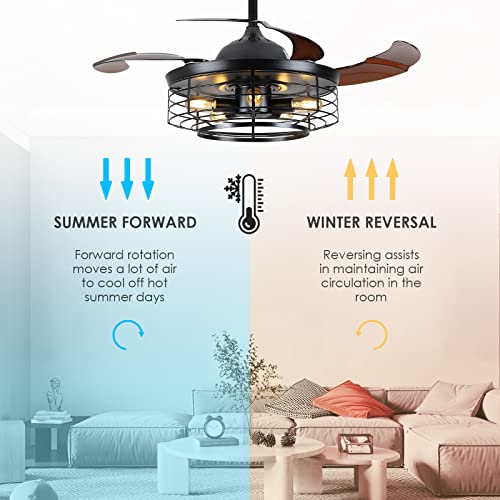 Asyko Retractable Ceiling Fans with Lights and Remote-Caged Farmhouse Ceiling Fan Lights Black, Rustic Industrial Ceiling Fan with Light for Patio Living Room Bedroom(42'' Bulb Included)