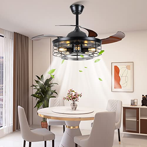 Asyko Retractable Ceiling Fans with Lights and Remote-Caged Farmhouse Ceiling Fan Lights Black, Rustic Industrial Ceiling Fan with Light for Patio Living Room Bedroom(42'' Bulb Included)
