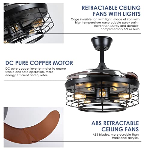 Asyko Retractable Ceiling Fans with Lights and Remote-Caged Farmhouse Ceiling Fan Lights Black, Rustic Industrial Ceiling Fan with Light for Patio Living Room Bedroom(42'' Bulb Included)