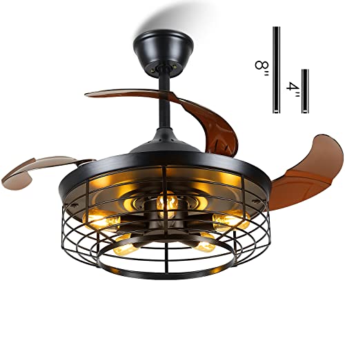 Asyko Retractable Ceiling Fans with Lights and Remote-Caged Farmhouse Ceiling Fan Lights Black, Rustic Industrial Ceiling Fan with Light for Patio Living Room Bedroom(42'' Bulb Included)