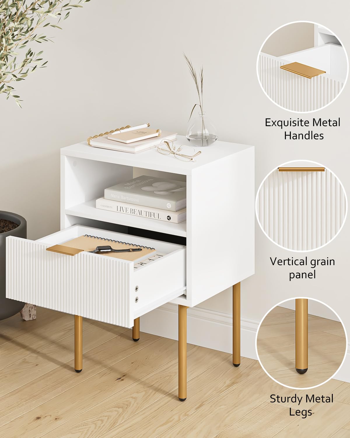 Masupu Nightstand,Mid-Century Modern Bedside Table with Storage Drawer and Open Wood Shelf,Small Gold Frame Side Table for Bedroom,Living Room,White