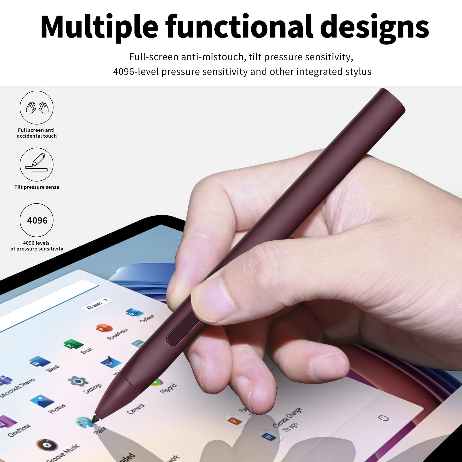 SSS·GRGB Stylus Pen for Microsoft Surface Pro9/8/X/7/6/5/4/3 Surface Go 3/2/1 Surface 3/Laptop/Studio/Book 4/3/2/1 with 4096 Tilt Pressure Palm Rejection Magnetic Attachment Rechargeable, Red