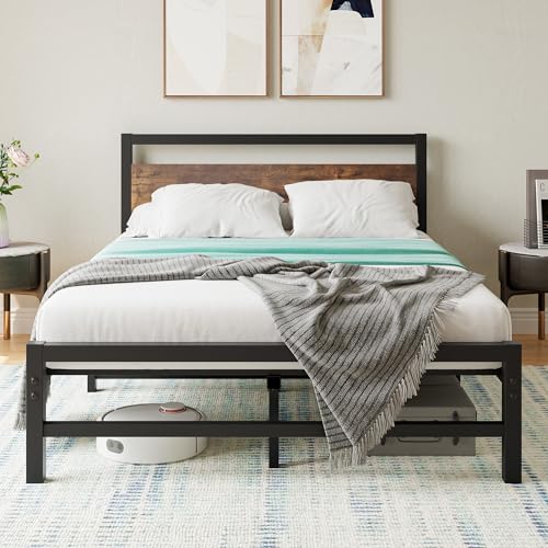 FOUBAM Full Bed Frame with Wood Headboard,Heavy Duty Platform Bed Frames with Storage No Box Spring Needed,Reinforced Steel Square Pipe Mattress Foundation Noise Free,Black and Rustic Brown