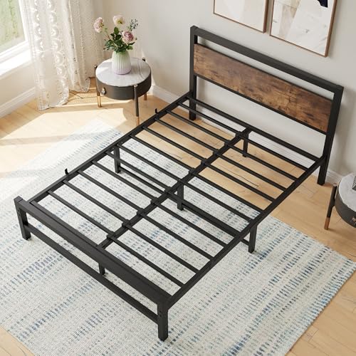 FOUBAM Full Bed Frame with Wood Headboard,Heavy Duty Platform Bed Frames with Storage No Box Spring Needed,Reinforced Steel Square Pipe Mattress Foundation Noise Free,Black and Rustic Brown