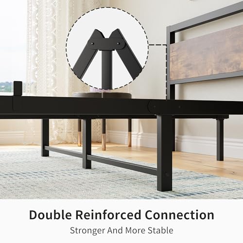 FOUBAM Full Bed Frame with Wood Headboard,Heavy Duty Platform Bed Frames with Storage No Box Spring Needed,Reinforced Steel Square Pipe Mattress Foundation Noise Free,Black and Rustic Brown