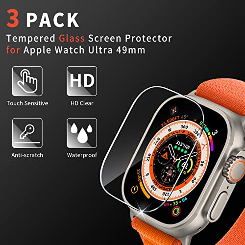 [3 Pack] Compatible for Apple Watch Ultra 49mm Screen Protector, EWUONU Tempered Glass 49mm Film Bubble Free Anti Scratch HD Clear Ultra-thin Replacement Screen Protector for Apple Watch Ultra, Clear