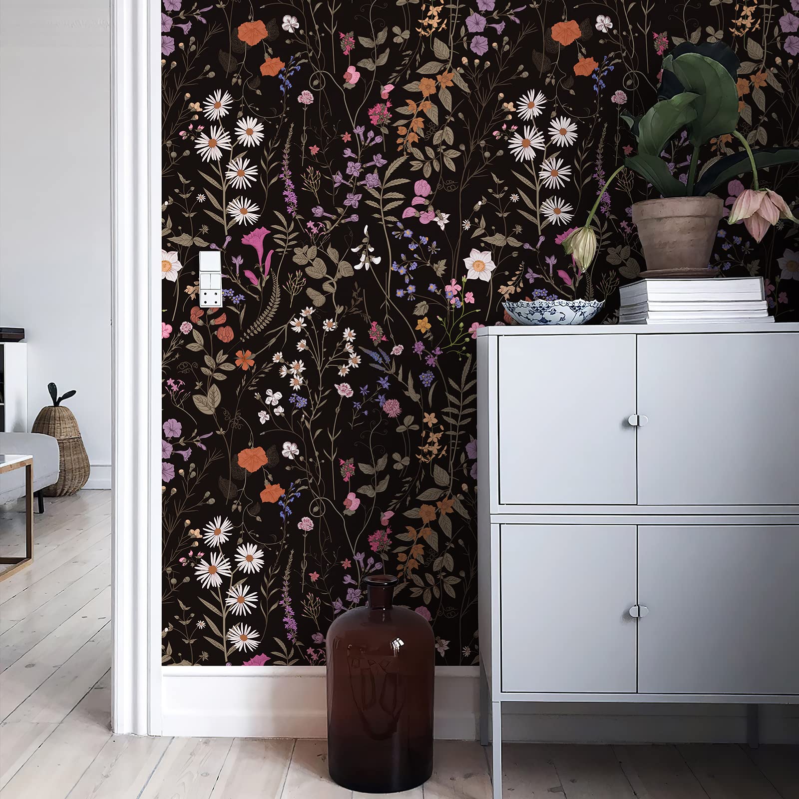 JiffDiff Floral Wallpaper Peel and Stick, Self Adhesive Wallpaper for Home Bedroom Cabinets and Kitchen Countertop Peel and Stick Thicken Contact Paper (17.3"x118", Dark Floral)