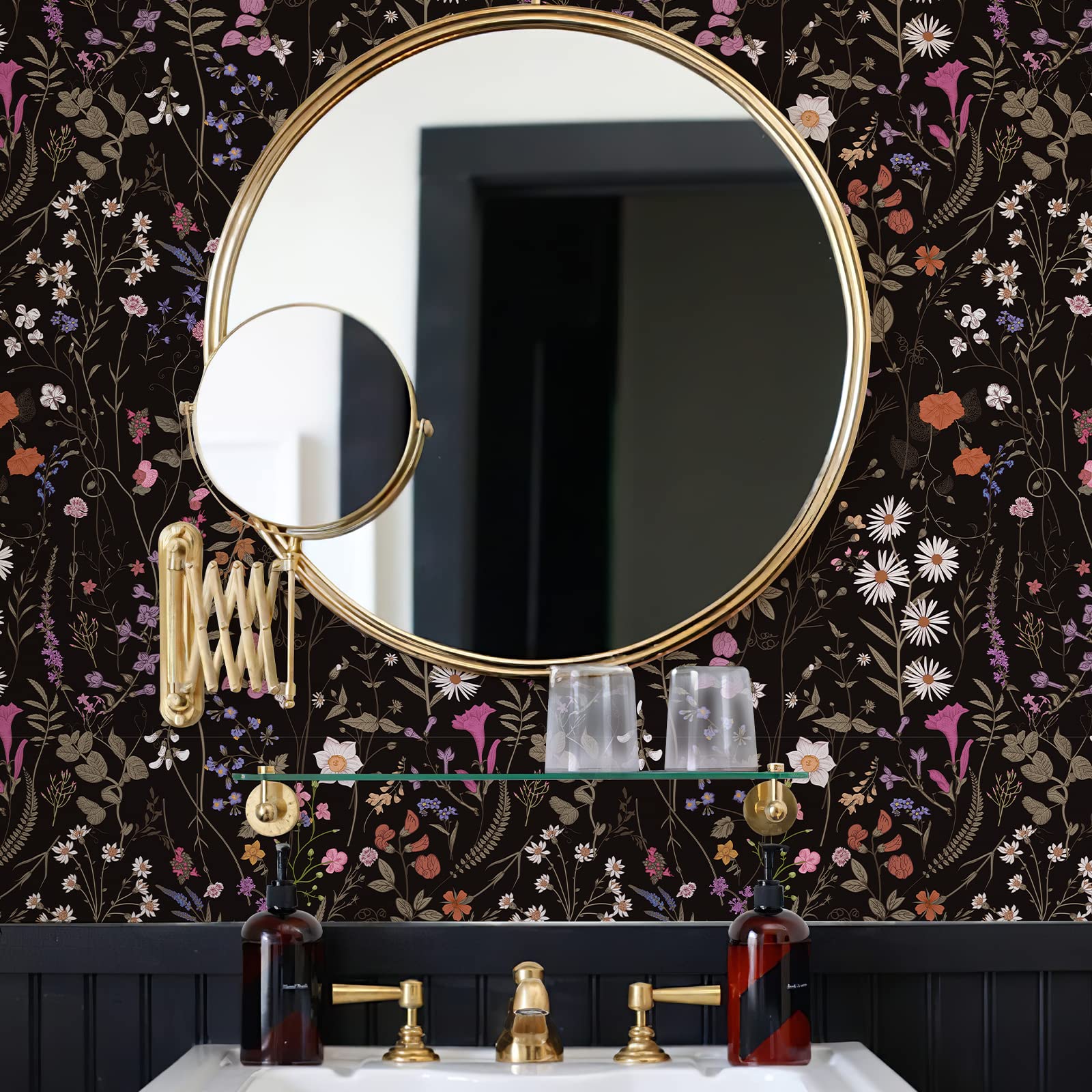 JiffDiff Floral Wallpaper Peel and Stick, Self Adhesive Wallpaper for Home Bedroom Cabinets and Kitchen Countertop Peel and Stick Thicken Contact Paper (17.3"x118", Dark Floral)