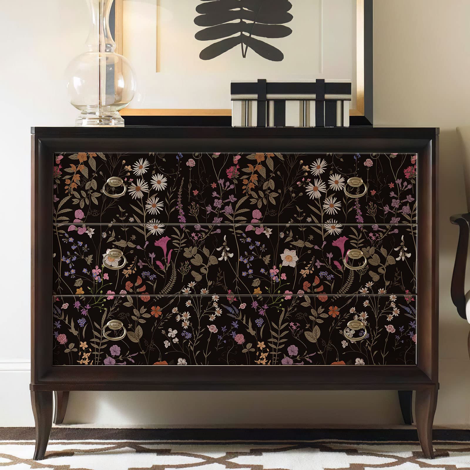 JiffDiff Floral Wallpaper Peel and Stick, Self Adhesive Wallpaper for Home Bedroom Cabinets and Kitchen Countertop Peel and Stick Thicken Contact Paper (17.3"x118", Dark Floral)