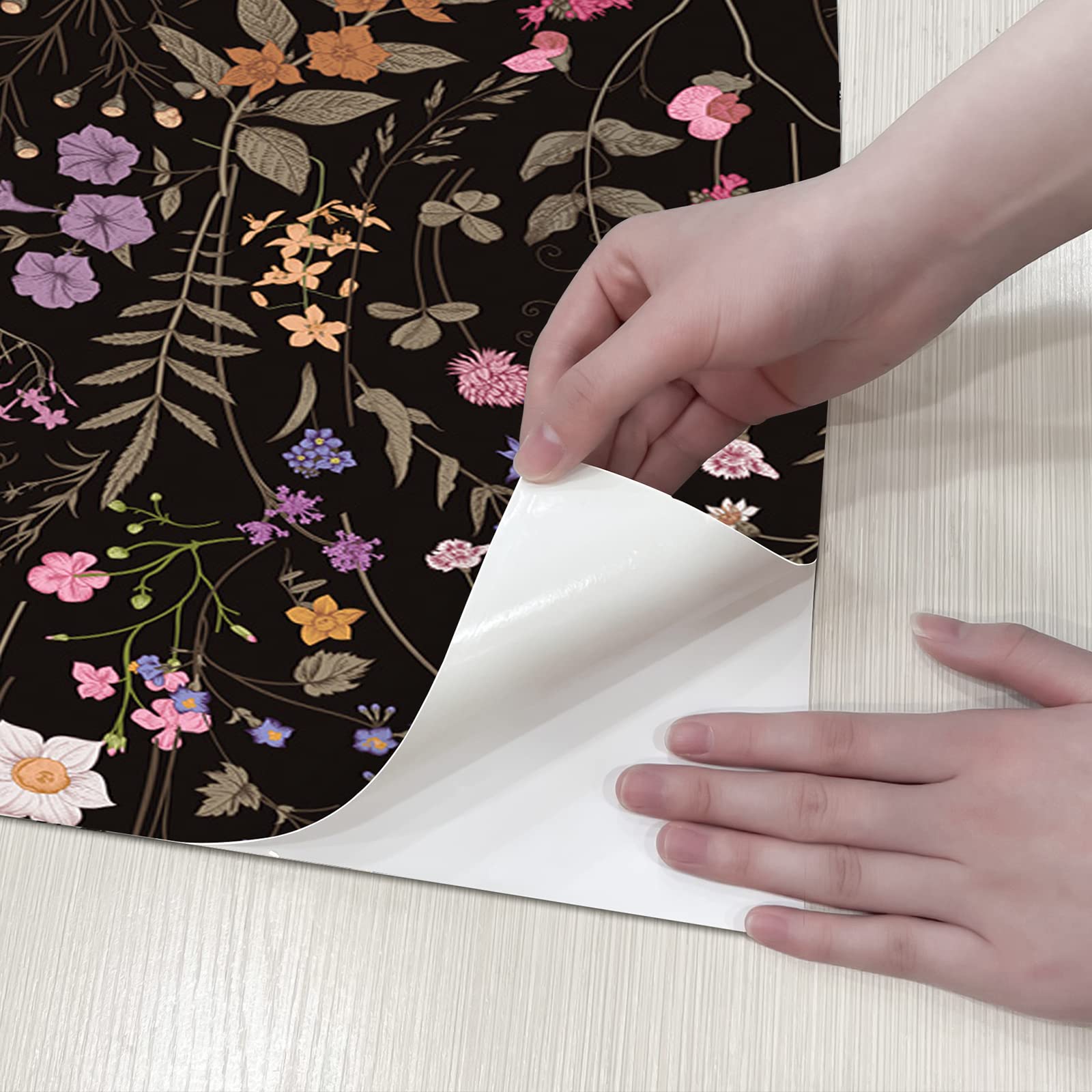 JiffDiff Floral Wallpaper Peel and Stick, Self Adhesive Wallpaper for Home Bedroom Cabinets and Kitchen Countertop Peel and Stick Thicken Contact Paper (17.3"x118", Dark Floral)