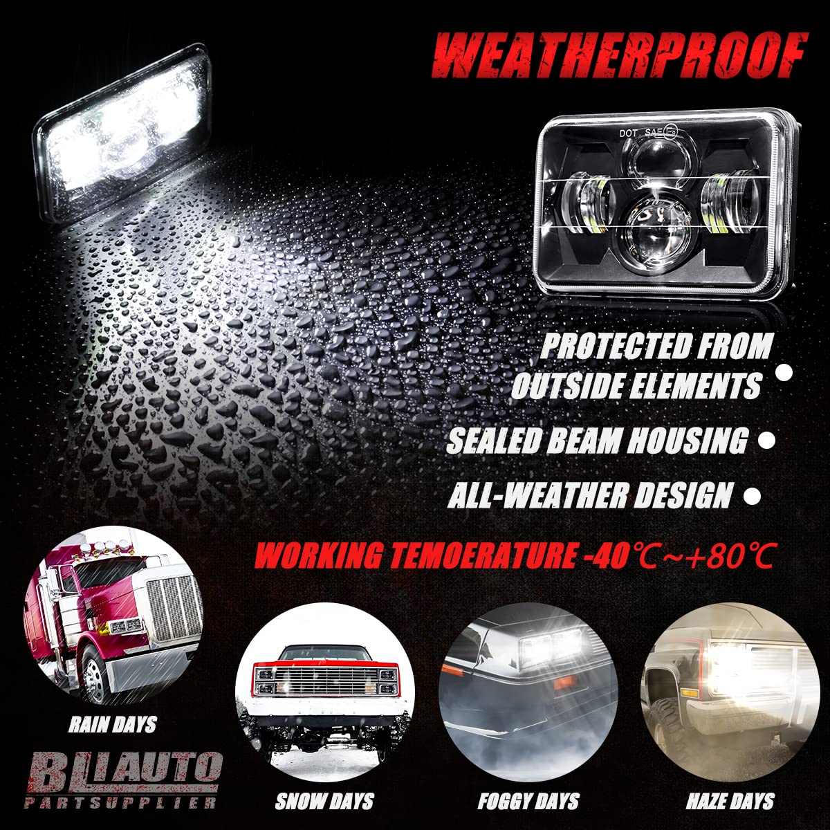 BLIAUTO DOT Approved 4x6 LED Headlights 4PCS 65W Hi/Low Sealed Beam H6545 Rectangular Projector Headlamp Replace H4651 H4652 H4656 H4666 for Kenworth T600 T800 W900 Peterbilt 378 379 Truck