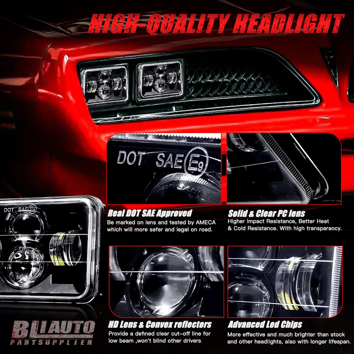 BLIAUTO DOT Approved 4x6 LED Headlights 4PCS 65W Hi/Low Sealed Beam H6545 Rectangular Projector Headlamp Replace H4651 H4652 H4656 H4666 for Kenworth T600 T800 W900 Peterbilt 378 379 Truck