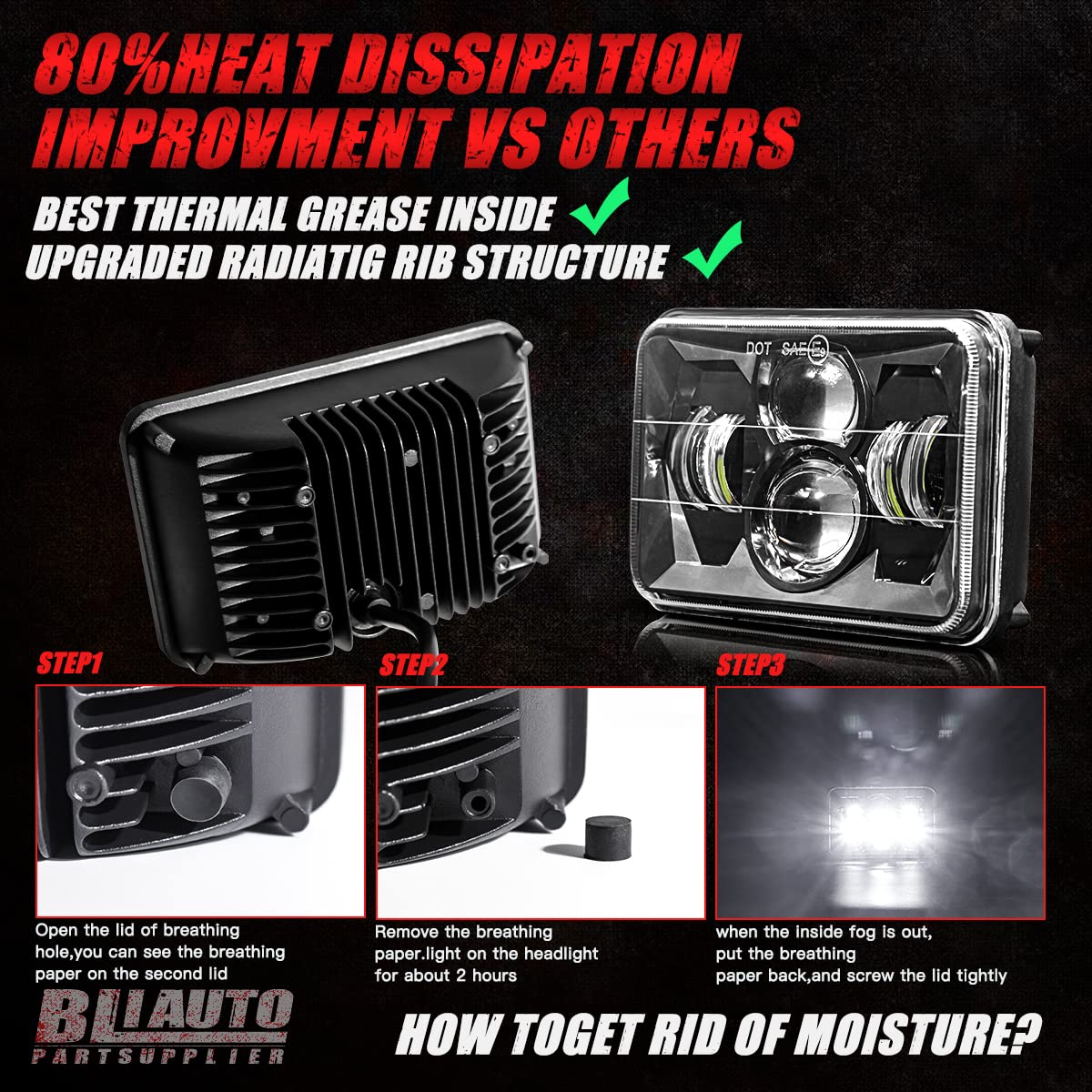 BLIAUTO DOT Approved 4x6 LED Headlights 4PCS 65W Hi/Low Sealed Beam H6545 Rectangular Projector Headlamp Replace H4651 H4652 H4656 H4666 for Kenworth T600 T800 W900 Peterbilt 378 379 Truck