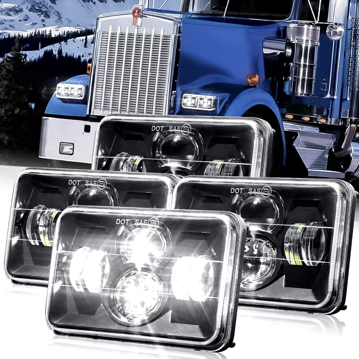 BLIAUTO DOT Approved 4x6 LED Headlights 4PCS 65W Hi/Low Sealed Beam H6545 Rectangular Projector Headlamp Replace H4651 H4652 H4656 H4666 for Kenworth T600 T800 W900 Peterbilt 378 379 Truck