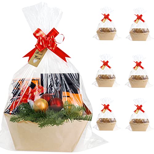 Bigger Baskets for Gifts Empty ,6 Pack Sturdy Kraft Basket With Handles Gift Basket Kit,6 Shrink Wrap Bags, 6 Bows and Hang Tag,Empty Gift Baskets Supplies Wrap To Fill For Holiday And Any Occasion