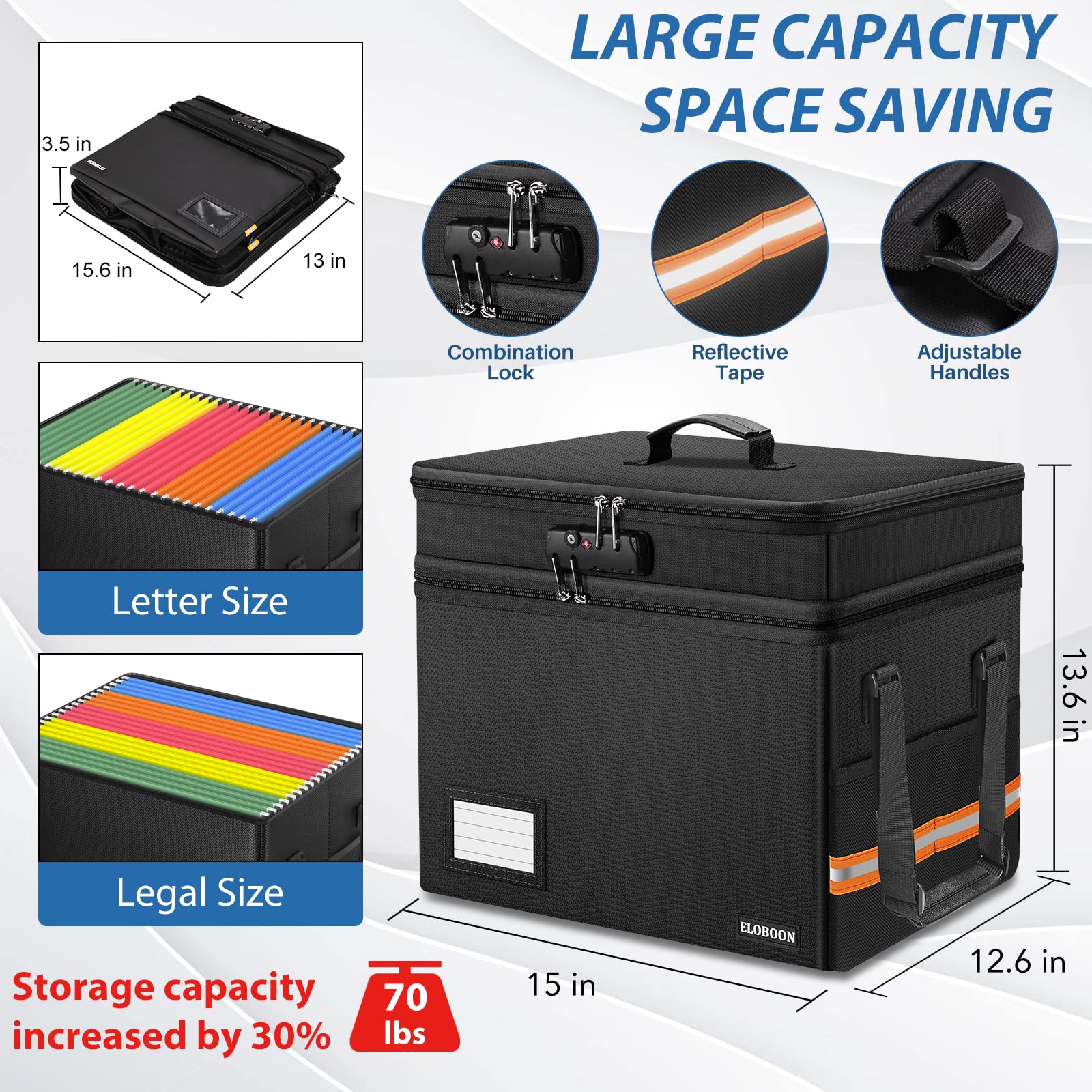 Fireproof Document Box with 13 Pockets Accordian File Organizer, ELOBOON Water-Resistant File Organizer Box with Lock, Collapsible File Storage Box Cabinet for Hanging Letter/Legal Folder, Black