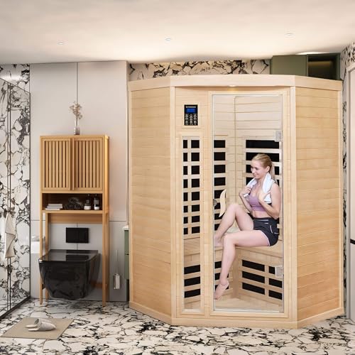 Xmatch Far Infrared Wooden Sauna Room, 2-Person for Corner Space, with 1600W, 7 Low EMF Heaters, 2 Bluetooth Speakers, 2 LED Reading Lamp and 3 Chromotherapy Lights