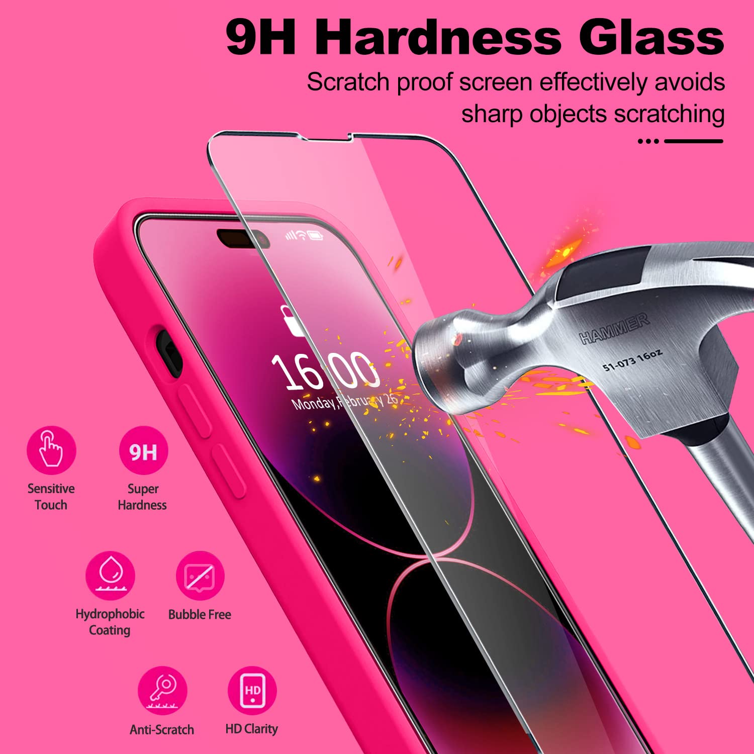 BossKiss Compatible with iPhone 14 Pro Max Case, Silicone Upgraded [Camera Protection] [2 Pcs 9H Screen Protector], Soft Anti-Scratch Microfiber Lining, 6.7 inch, Hot Pink