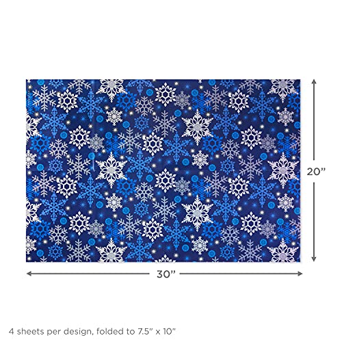 Hallmark Flat Christmas Wrapping Paper Sheets with Cutlines on Reverse and Gift Tag Seals (12 Folded Sheets, 16 Stickers) Blue and Silver Snowflakes, Deer Forest Scene, Blue Tartan Plaid