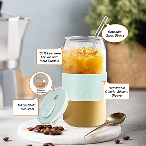 Vozoka 20oz Beer Can-Shaped Cup with Silicone Lids and Sleeve, Iced Coffee Cup Reusable, Glass Tumbler, Drinking Glass, Smoothie Cups, Tea Cup (Sky Blue)