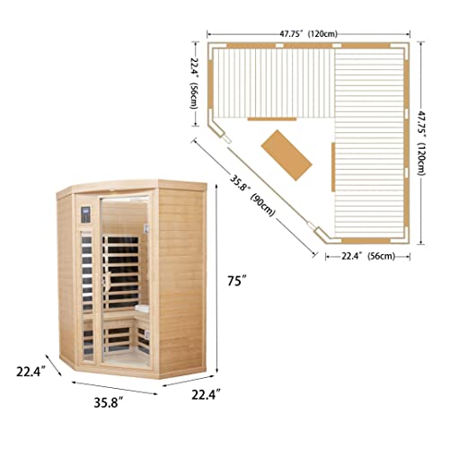 Xmatch Far Infrared Wooden Sauna Room, 2-Person for Corner Space, with 1600W, 7 Low EMF Heaters, 2 Bluetooth Speakers, 2 LED Reading Lamp and 3 Chromotherapy Lights