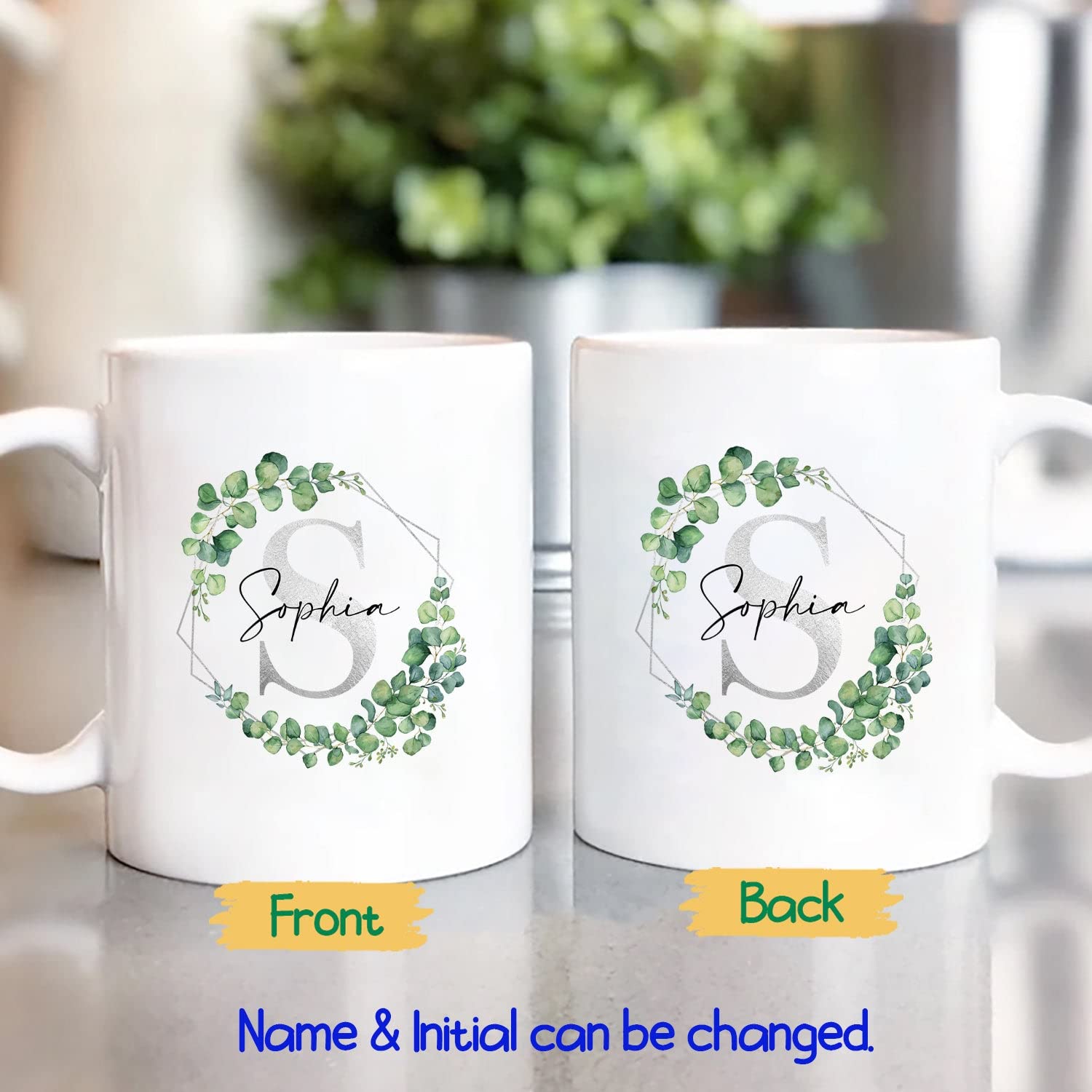 Customized Initial Name Monogram Floral Coffee Mug 11 15 oz, Custom Name Coffee Mug w Letter Alphabet Initial Name Gift For Women Mom Wife Bestie, Personalized Letter Alphabet Initial Leaf Mug Gift