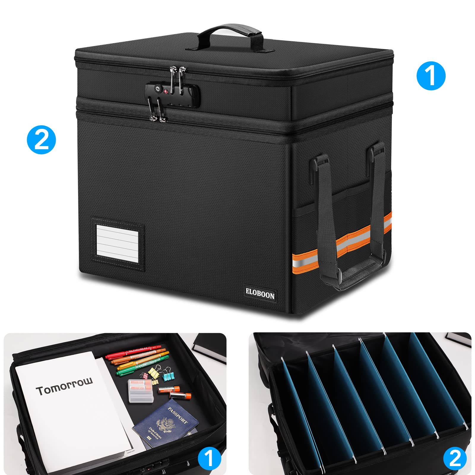 Fireproof Document Box with 13 Pockets Accordian File Organizer, ELOBOON Water-Resistant File Organizer Box with Lock, Collapsible File Storage Box Cabinet for Hanging Letter/Legal Folder, Black