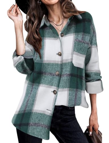 ZOLUCKY Womens Green Flannel Shirt Plaid Shacket Long Sleeve Button Down Shirts Casual Oversized Shackets, Green and White 3X-Large