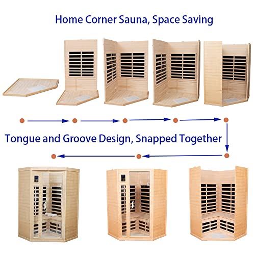 Xmatch Far Infrared Wooden Sauna Room, 2-Person for Corner Space, with 1600W, 7 Low EMF Heaters, 2 Bluetooth Speakers, 2 LED Reading Lamp and 3 Chromotherapy Lights