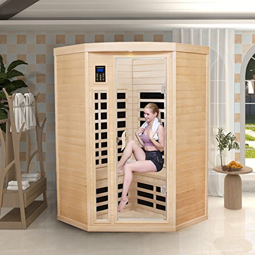 Xmatch Far Infrared Wooden Sauna Room, 2-Person for Corner Space, with 1600W, 7 Low EMF Heaters, 2 Bluetooth Speakers, 2 LED Reading Lamp and 3 Chromotherapy Lights