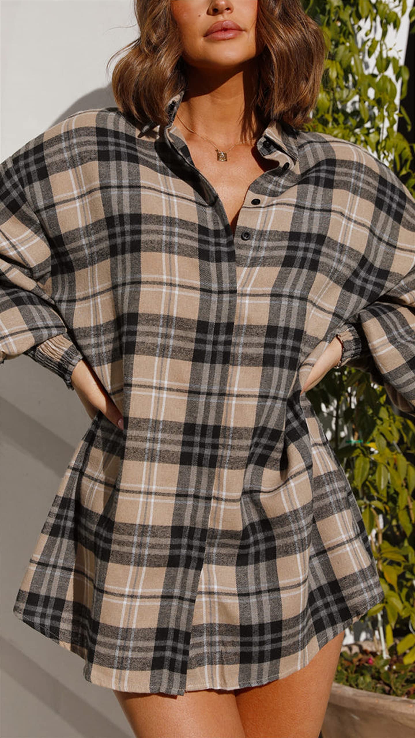 Oversized Button Down Shirts Dress for Women Lapel Plaid Jacket Flannel Boyfriend Blouse Tops Beige and Gray XL