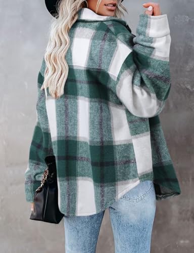 ZOLUCKY Womens Green Flannel Shirt Plaid Shacket Long Sleeve Button Down Shirts Casual Oversized Shackets, Green and White 3X-Large