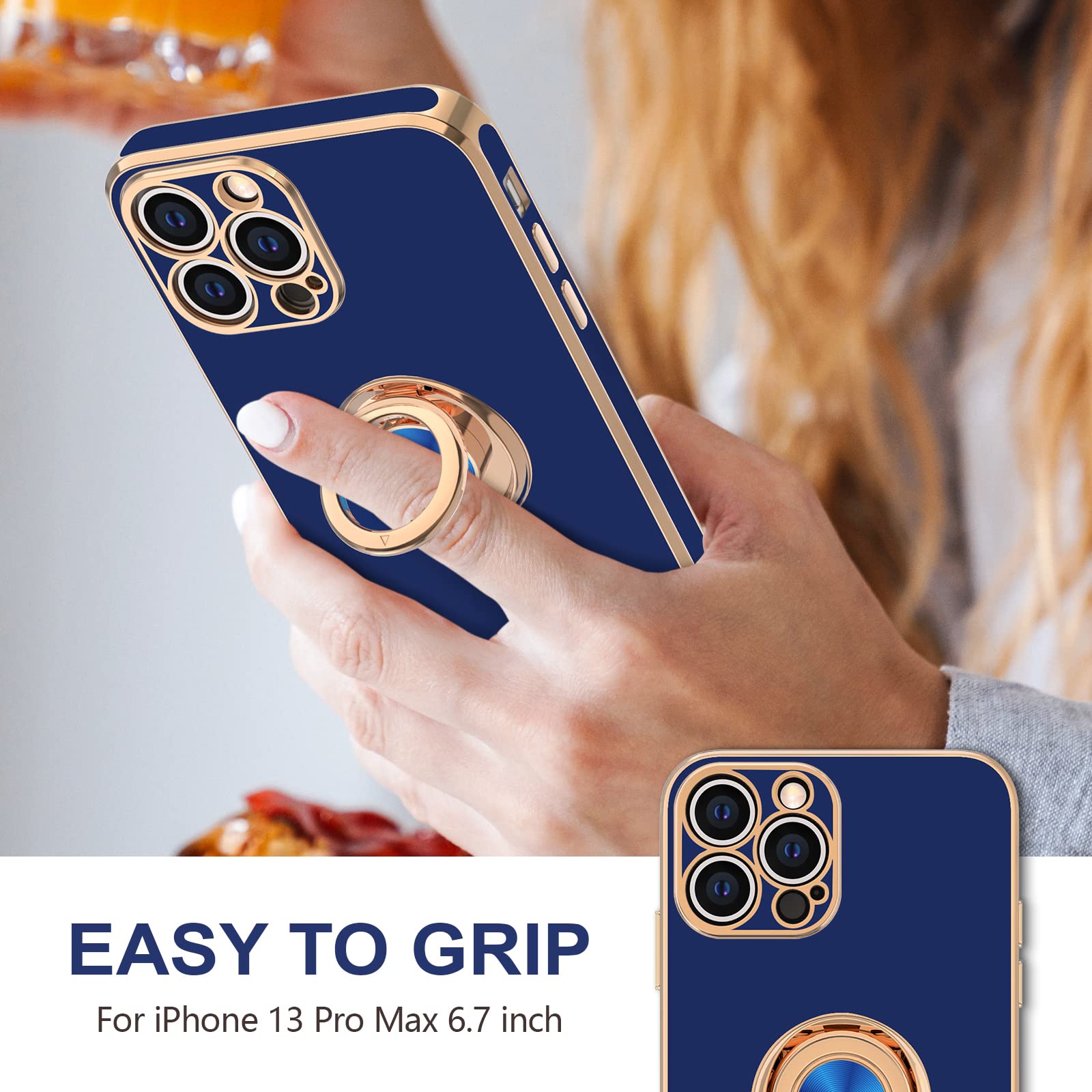 Hython for iPhone 13 Pro Max Case with Ring Stand [360°Rotatable Ring Holder Magnetic Kickstand] [Plated Rose Gold Edge] Slim Soft TPU Cover Luxury Protective Phone Case for Women Men, Blue